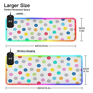 Polka Dot Wireless Charging Mouse Pad for Mobile Phone Extra Large Gaming Mousepad with 13 Lighting Modes Mouse Mat for Gaming MacBook PC Laptop Desk Office Home
