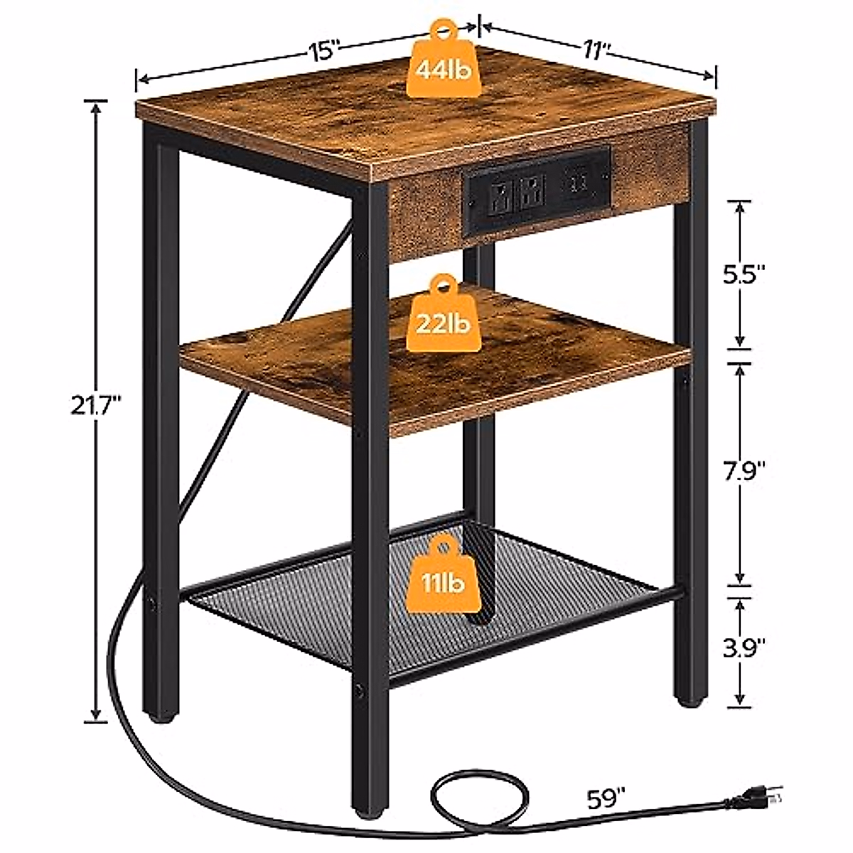 HOOBRO End Table with Charging Station and USB Ports, 3-Tier Nightstand with Adjustable Shelf, Narrow Side Table for Small Space in Living Room, Bedroom and Balcony, Rustic Brown BF112BZ01