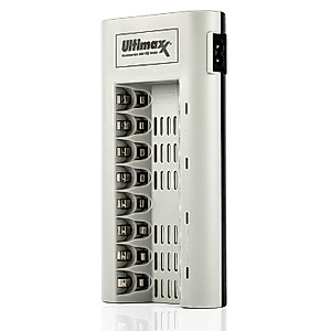 Ultimaxx Charger with Batteries – 8 Port Battery Charger and 2X 4 AA Batteries 3150mAh Memory Free- Rechargeable, Ni-MH, Durable & Long-Lasting Batteries