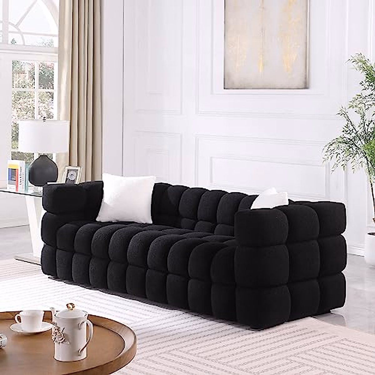 EOVTK 84.3" Marshmallow Sofa with Deep 3 Seats, Modern Boucle Fabric Tufted Cloud Sleeper Couch with 2 Pillows, for Living Room Apartment Office, Black