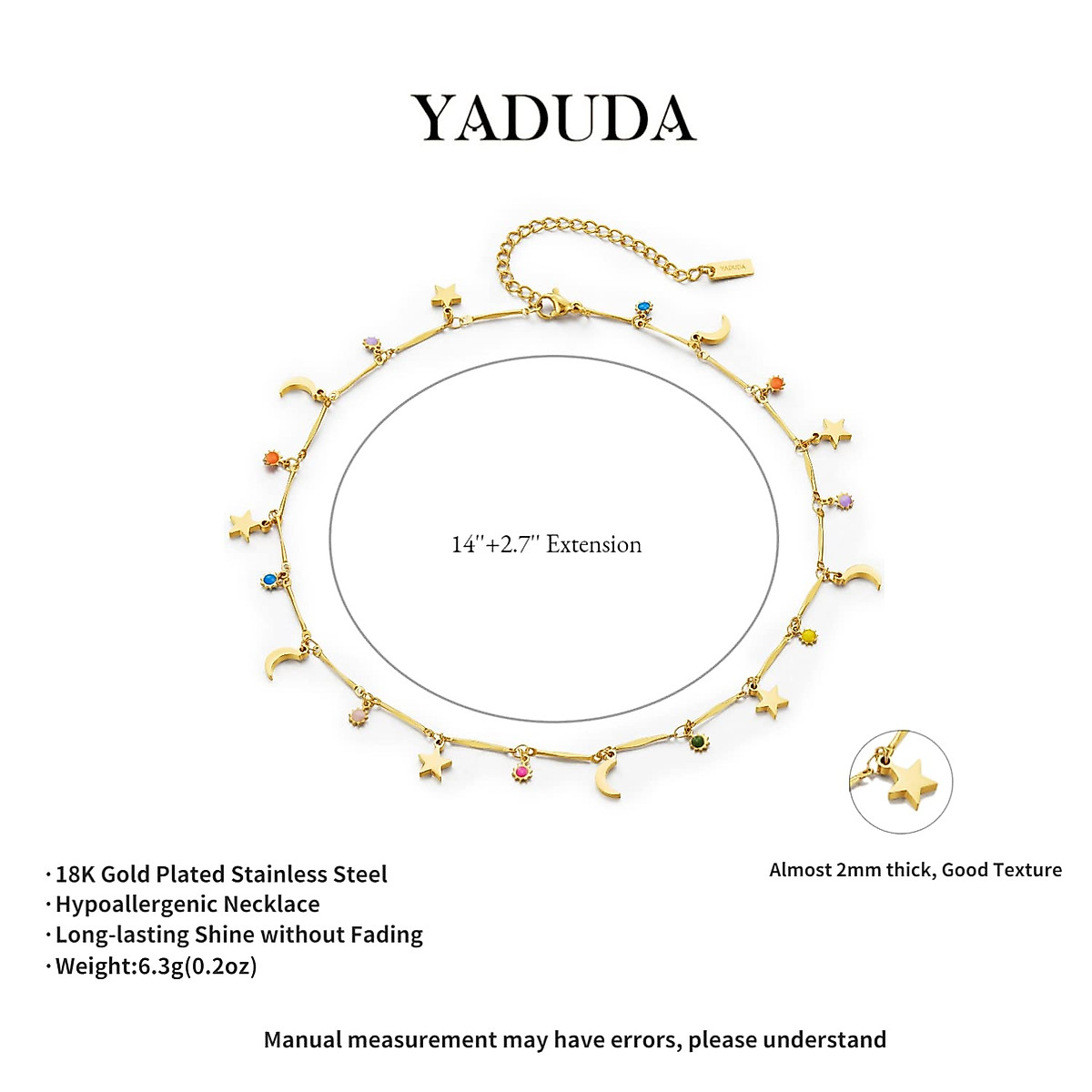 YADUDA Gold Moon and Star Sun Necklace Non Tarnish 18k Gold Plated Dainty Gold Necklace Colorful Charm Gold Choker Necklaces for Women Preppy Necklace