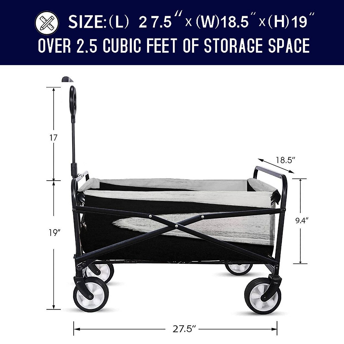 Collapsible Wagon Cart Curvy Wave in The Sand Shore of Beach in Black and White Foldable Utility Wagon Large Capacity Garden Cart with Push Bar for Beach Camp Outdoor Shopping