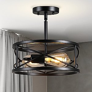 Karjearl Farmhouse Semi Flush Mount Ceiling Light, D11.8 Inches Black Industrial Sloped Ceiling Light Fixtures Vintage Metal Cage Ceiling Lamp for Kitchen Hallway Entryway Laundry Room Bedroom