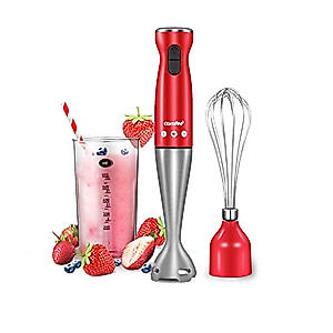 COMFEE' Immersion Hand Blender, Brushed Stainless Steel, 2-Speed, Multipurpose Stick Blender with 200 Watts, 600ml Mixing Beaker and Whisk, Perfect for Baby Food, Smoothies, Sauces and Soups, Red