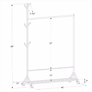 MoNiBloom Bamboo Clothing Garment Rack with Wheels and Bottom Shelf 2-in-1 Freestanding Clothes Organizer with 6 Side Hooks for Hanging Clothes Hats, Natural