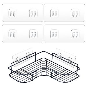 COMNICO 4 Pack Shower Caddy Adhesive Hooks Replacement, Strong Self-Adhesive Sticker No Drilling Waterproof Hanging Hooks for Bathroom Storage Shelves Kitchen Racks (Double Hook,Transparent)