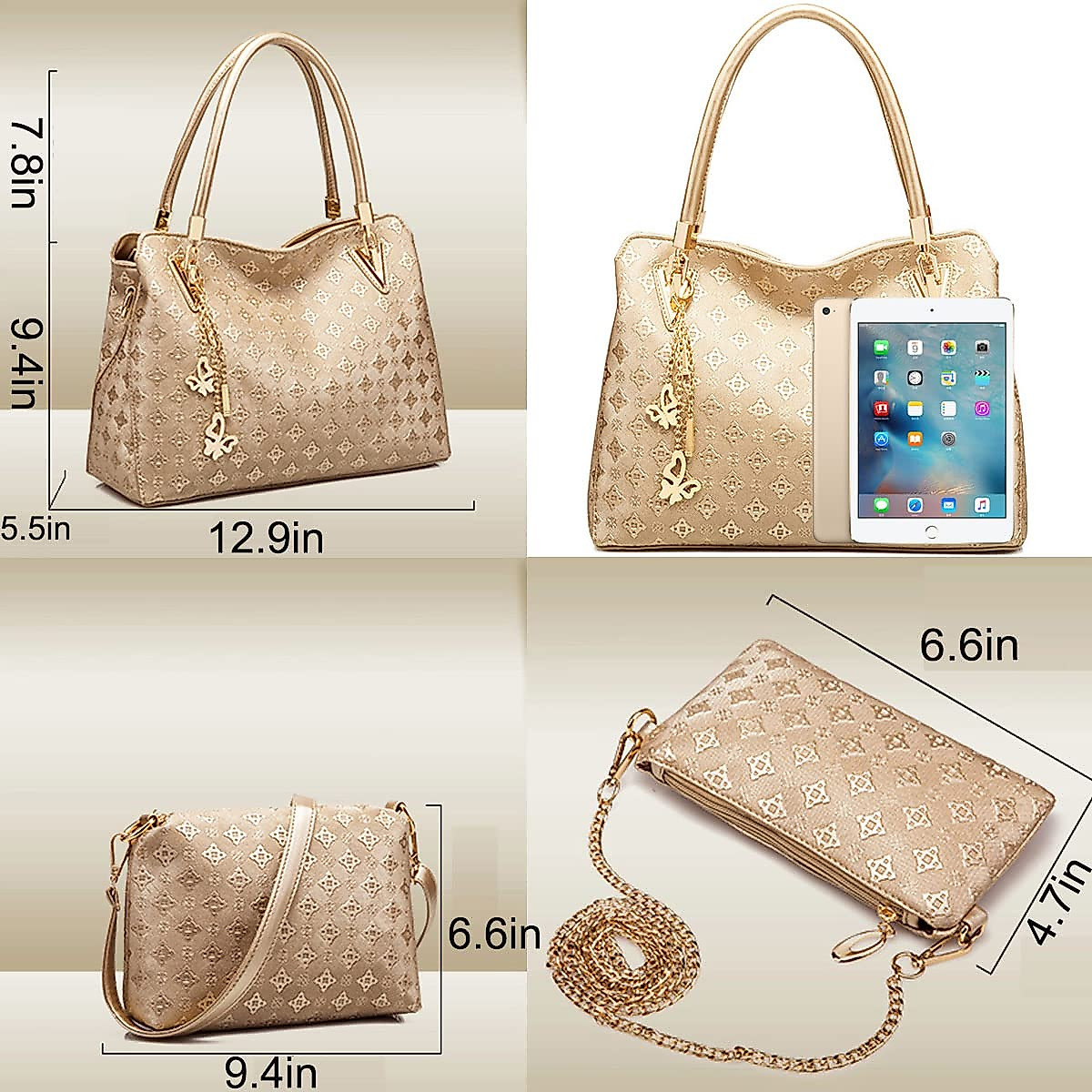 YOUNXSL Women Fashion Synthetic Leather Handbags Tote Bag Shoulder Bag Top Handle Satchel Purse with Pendant Set 4pcs Black