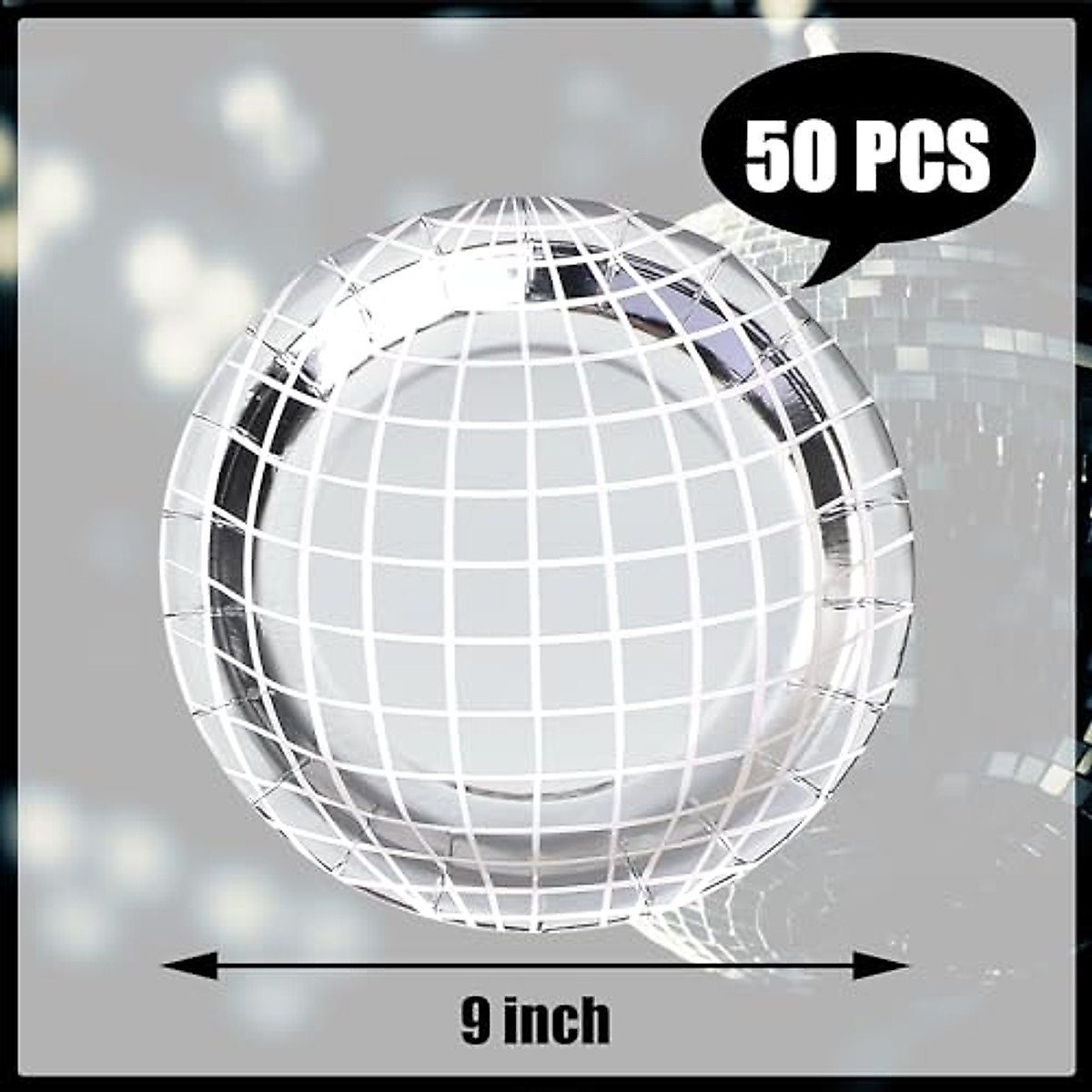 Fairooth 50 PCS Disco Paper Plates 9" Silver Foil Disposable Plates Disco Ball Dessert Dinner Plates 70’s Party Paper Tableware for Rock Roll Dance Music Party Supplies