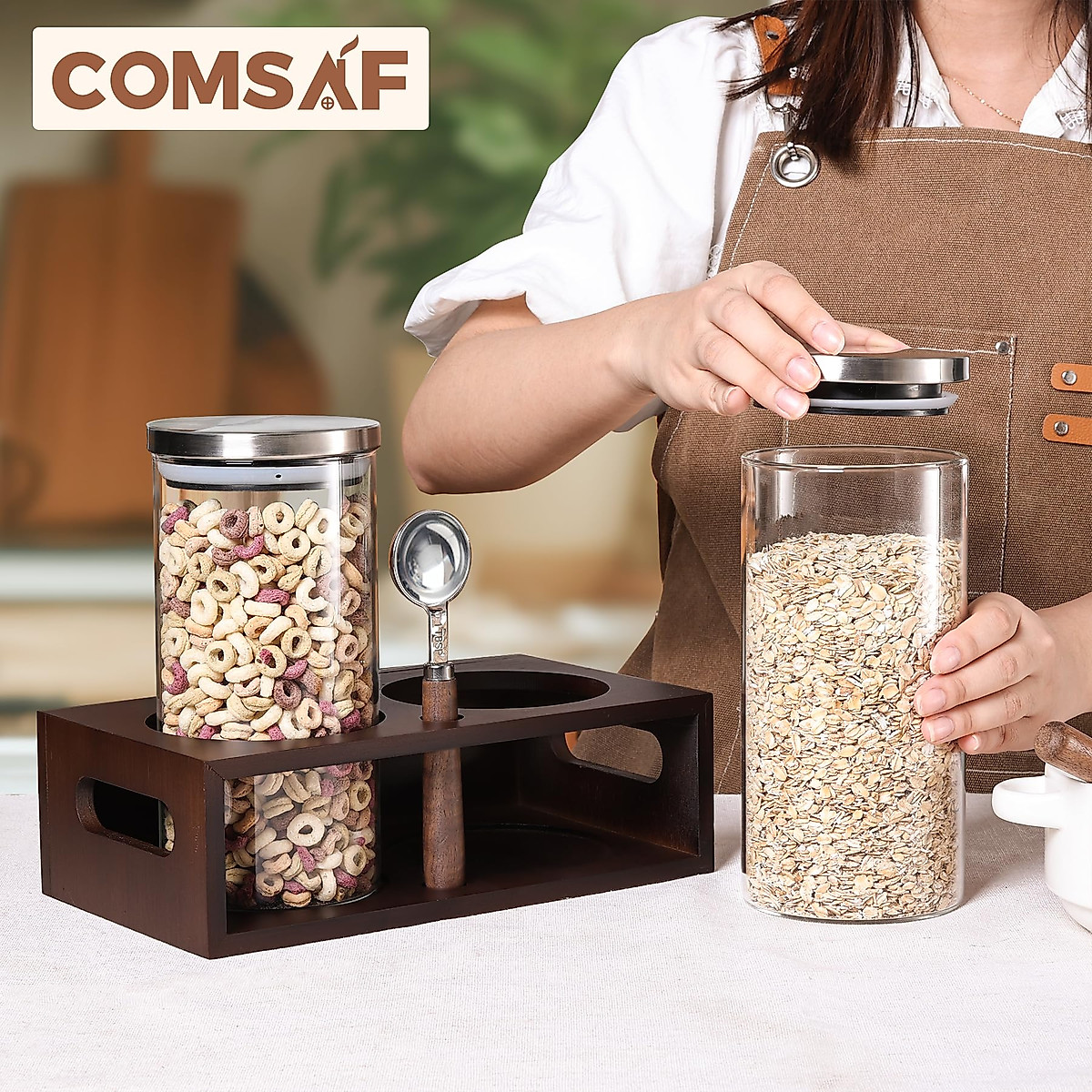 ComSaf Coffee Container for Ground Coffee, 44 OZ Coffee Canister with Stainless Lids, 2 PCS Glass Coffee Storage Container with Shelf, Coffee Bean Storage Jars with Metal Scoop Coffee Bar Accessories