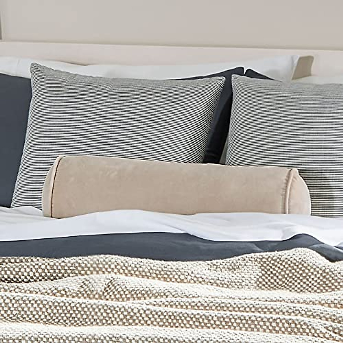 Nate Home by Nate Berkus Decorative Cotton Velvet Bolster Pillow | Soft Luxurious Modern Decor, Cushion for Couch, Chairs, or Bedroom from mDesign - Oblong Size 7" x20", Fossil (Beige)