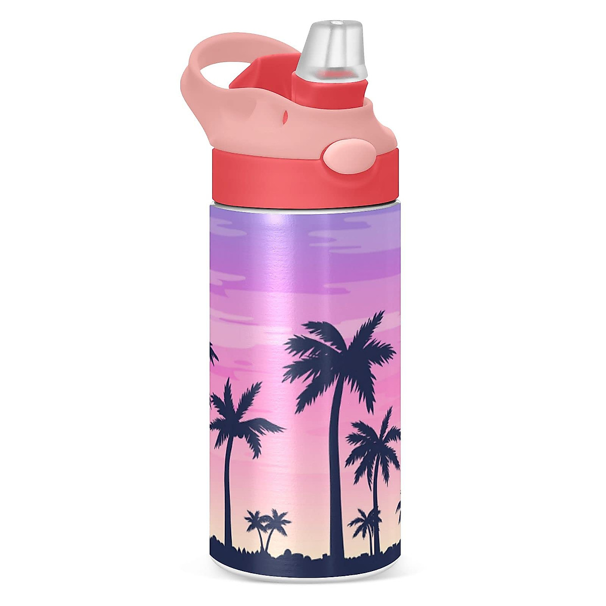 Purple Sky Palm Trees Kids Water Bottle with Straw Lid, Vacuum Insulated Stainless Steel Double Walled Leakproof Tumbler Travel Cup for Girls Boys Toddlers, 12 oz
