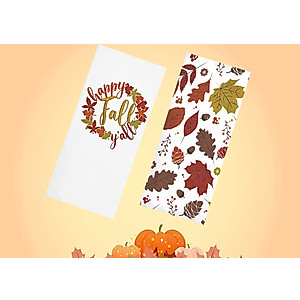 Mainstream Fall Kitchen Towels, Set of 2, Happy Fall Y all with Tossed Leaf Acorn Print Cotton Dual-Sided Terry Dishtowels Drying Cloth 16*26 inches White, Rust, Gold, Tan, Brown