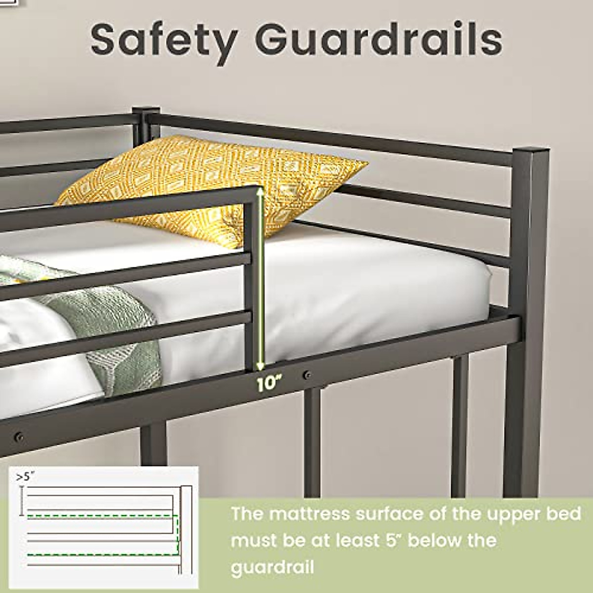 Giantex Metal Bunk Bed Twin Over Twin, Low Profile Bunk Bed Frame with Ladder & Full Length Guardrail, Space-Saving Twin Size Bed Frame for Kids Teens, No Box Spring Needed, Black