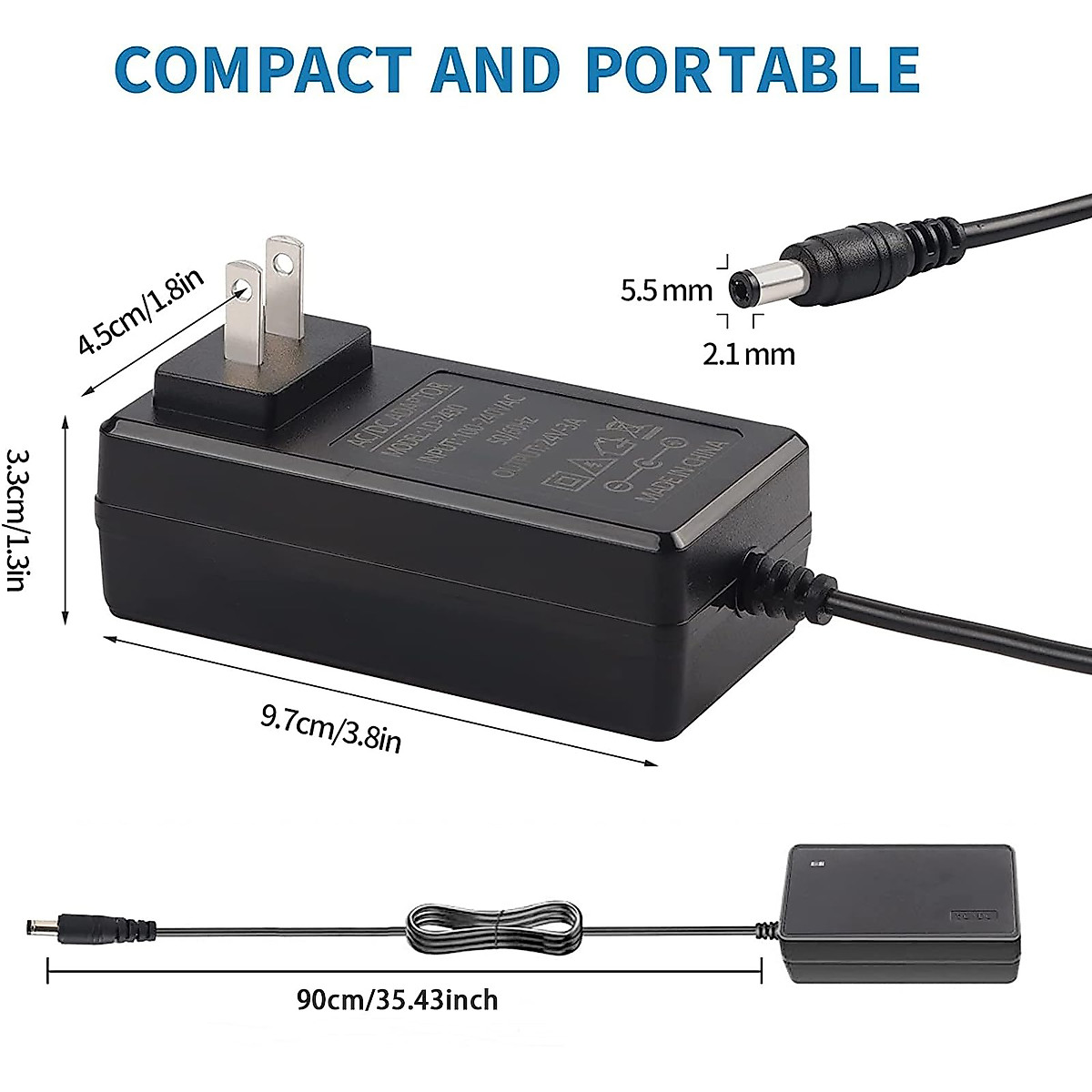 24V 3A Power Supply Adapter,100-240V AC to DC 24Volt 3A 72W Power AC/DC Adapter 5.5mm x 2.1mm DC Output Jack DC Power Supply Wall Plug for 5050 3528 LED Strip Light LED Driver CCTV Security System