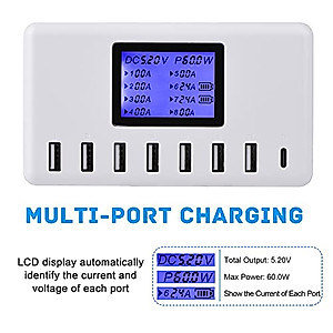 USB Charger, slitinto 60W 12A 8-Port USB Charging Station Multi Port USB Hub Charger Compact Size LCD Display Compatible with iPhone iPad Samsung Kindle Tablet Bluetooth Earbuds and More