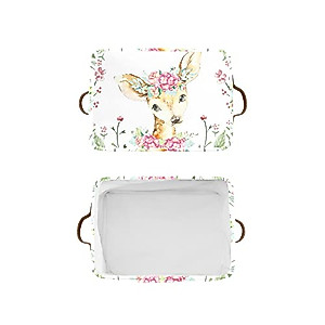 Pink Floral Deer Leaves Personalized Storage Bins Box Baskets with Handle Cubes Clothes Basket Box for Women Christmas Office Holiday 1 Pack