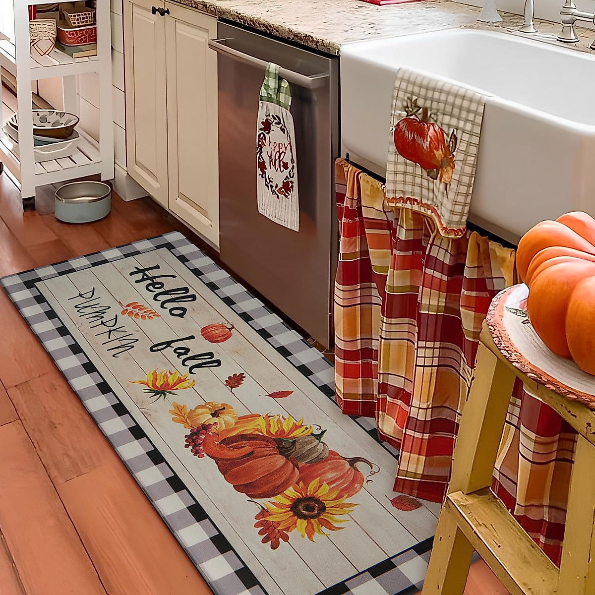 Alishomtll Fall Kitchen Mats for Floor, Set of 2 Anti Fatigue Autumn Pumpkin Kitchen Mats, Fall Decor Kitchen Rugs for Autumn, Thanksgiving, 17x30 and 17x47 Inch