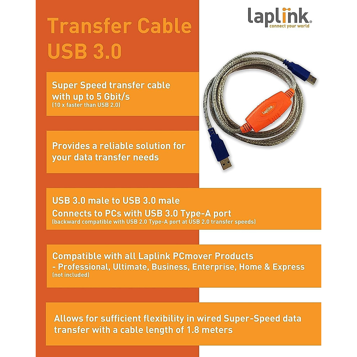 LAPLINK USB 3.0 Super-Speed Transfer Cable, to use with PCmover Migration Software (not Included), Super-Speed Data Transfers up to 5 Gbps, 6 ft.
