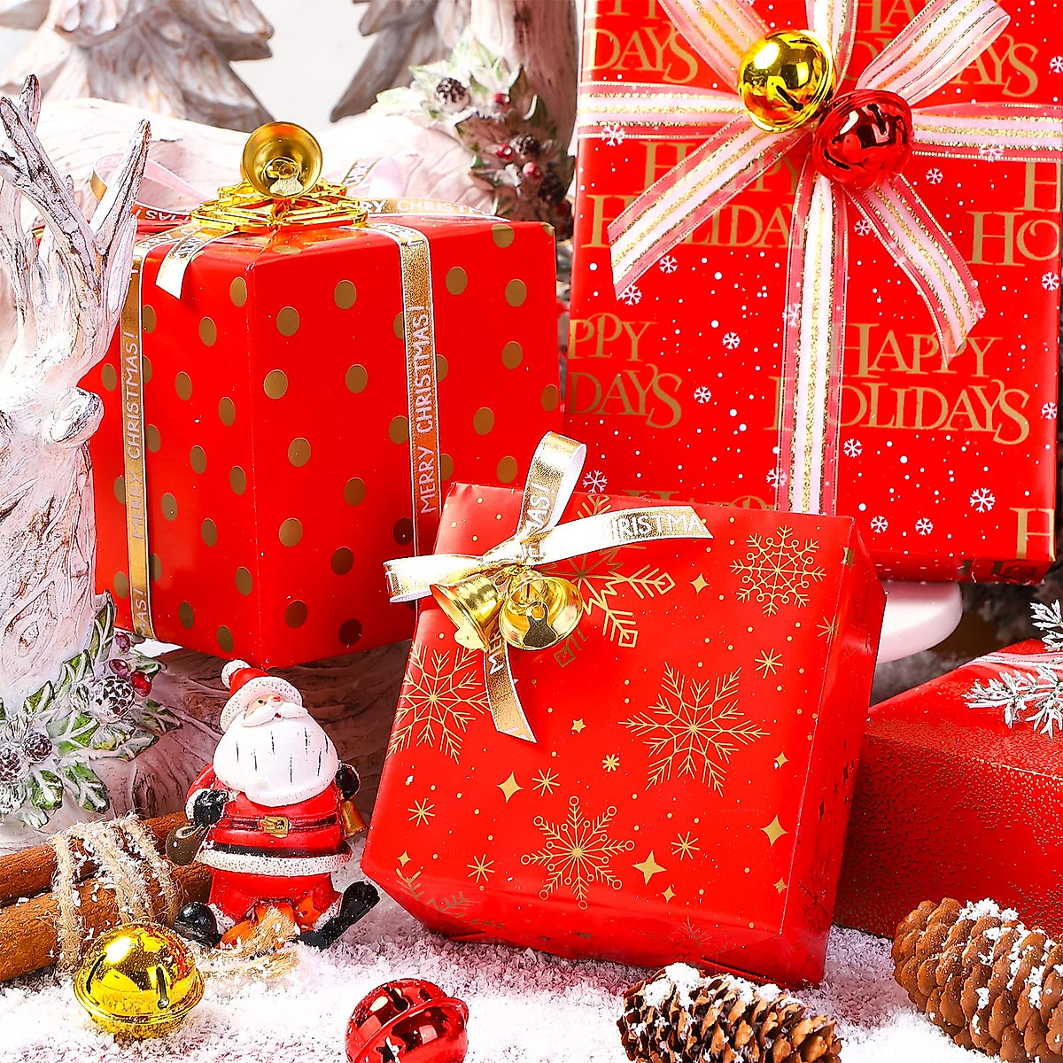 LeZakaa Christmas Gift Wrapping Paper - 12 Folded Sheet with 4 Different Christmas Design in Red (Snowflake, Tree, Dot, Happy Holiday Lettering)- 27.5 x 19.6 inches Per Sheet