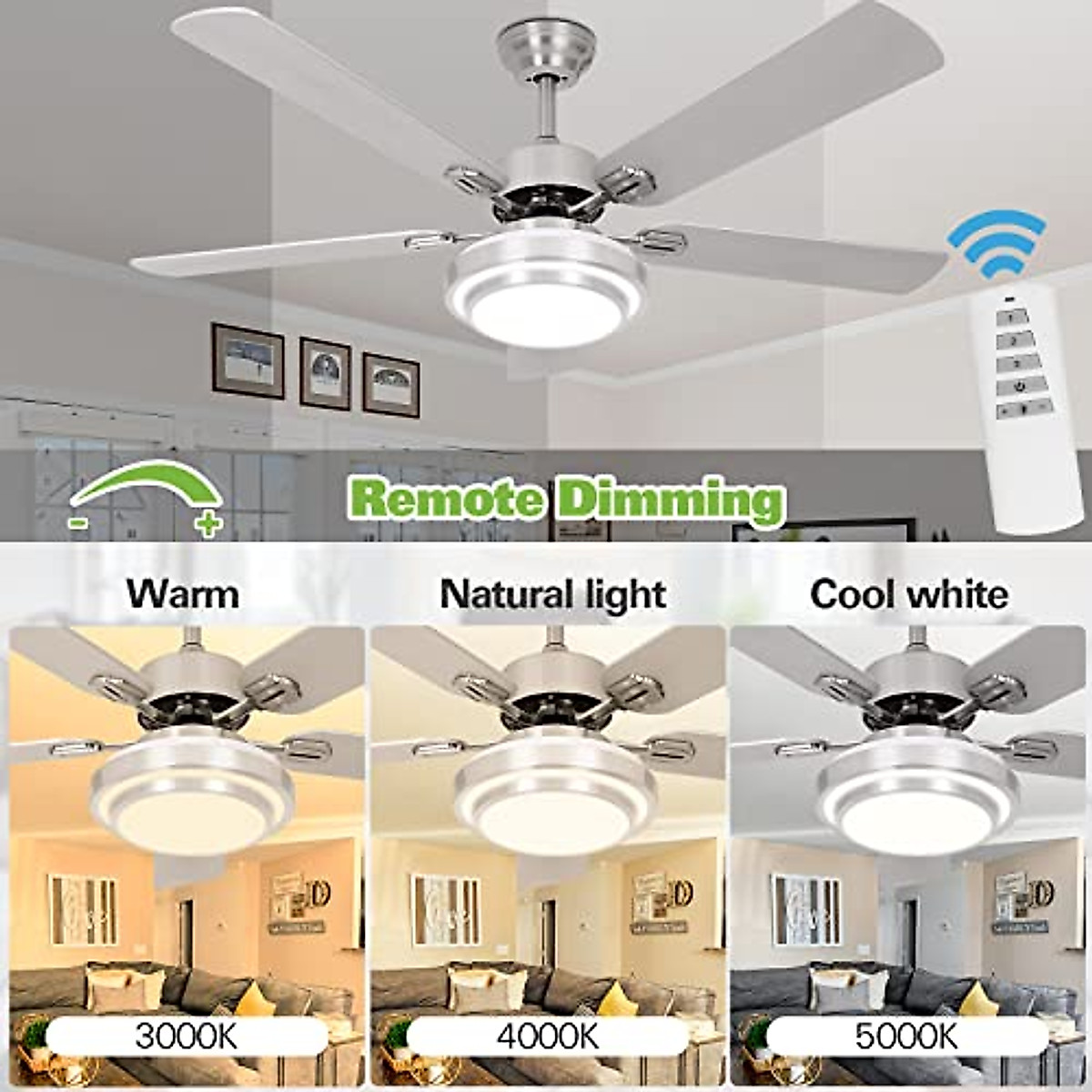 hykolity 52 Inch Ceiling Fans with Lights (Integrated LED) Remote Control, Reversible Motor and Blades, ETL Listed, for Patio Living Room, Bedroom, Office - Brushed Nickel (5-Blades)