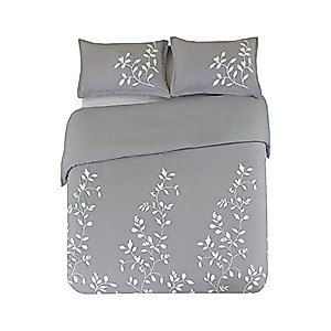 Dykoos Embroidered Soft Brushed Microfiber Duvet Cover Set, Floral Branches, Gray and White, King Size with Zipper Closure and Corner Ties, 1 Duvet Cover and 2 Pillow Shams