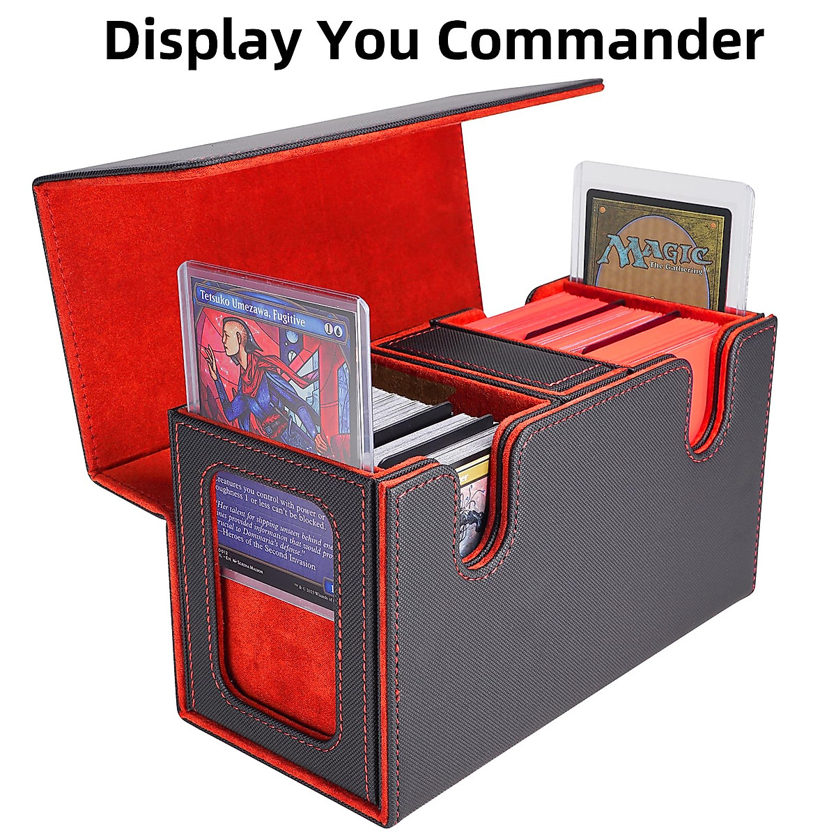 AFIING Mtg deck box with commander display- Fits 200 Double Sleeved Cards,3-in-1Card Deck Case,Strong Magnet Card Organizer For Magic Commander TCG CCG,4Dividers &2 Toploaders, Black/Red
