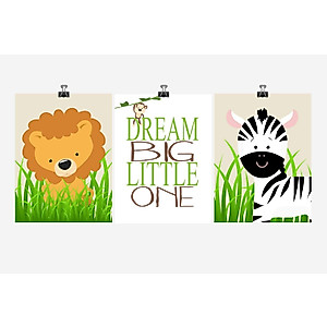 Safari Animals Nursery Art Decor Set of 3 - Monkey, Zebra and Lion - Dream Big Little One - Gender Neutral Jungle Baby - Multiple Sizes