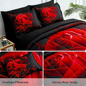WONGS BEDDING Red Comforter Set King, Reversible Red Rose 7 Pieces Bed in a Bag, Lightweight Soft Microfiber Bedding Sets with Comforter, Flat Sheet, Fitted Sheet, Pillowcases & Shams