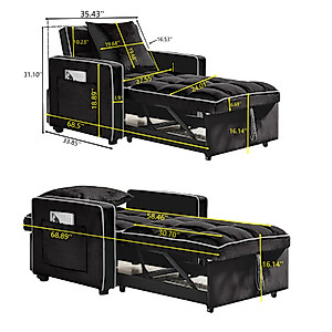 Wrofly 3 in 1 Single Convertible Sleeper Sofa Chair, 35.4" Pull Out Sofa Bed with Adjustable Backrest, Modern Chaise Lounge with Storage and Pillow for Living Room, Small Spaces, Black Velvet