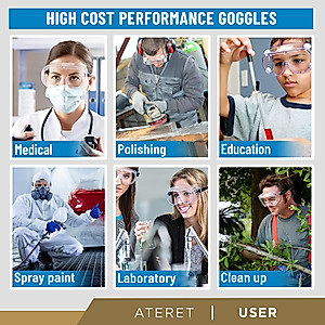ATERET 1 Pack Safety Goggles, Lightweight Adjustable Clear Lens Eyewear, Chemical Splash Safety Glasses