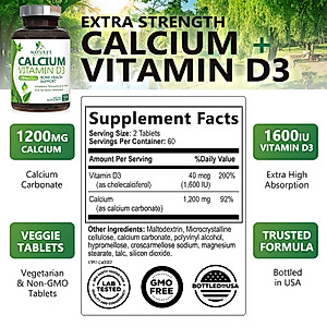 Calcium 1200 mg Plus Vitamin D3, Bone Health & Immune Support - Nature's Calcium Supplement with Extra Strength Vitamin D for Extra Strength Carbonate Absorption Dietary Supplement - 120 Tablets