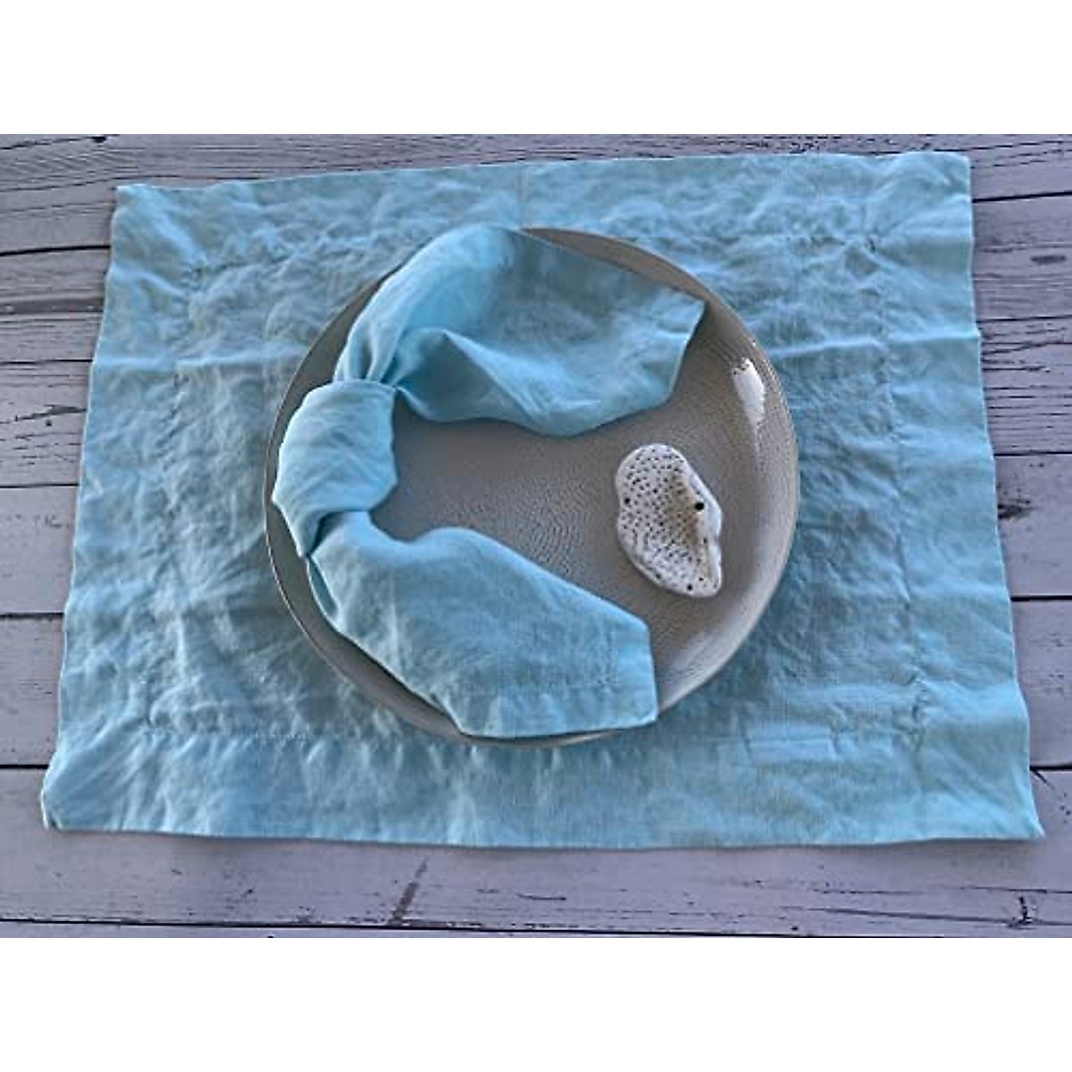 Eight Owls Stonewashed Linen Placemats – 15” x 20”– Set of 4-100% Pure Linen Cloth - Mitered Corners – 2" Hem – Coast (Aqua Lagoon)