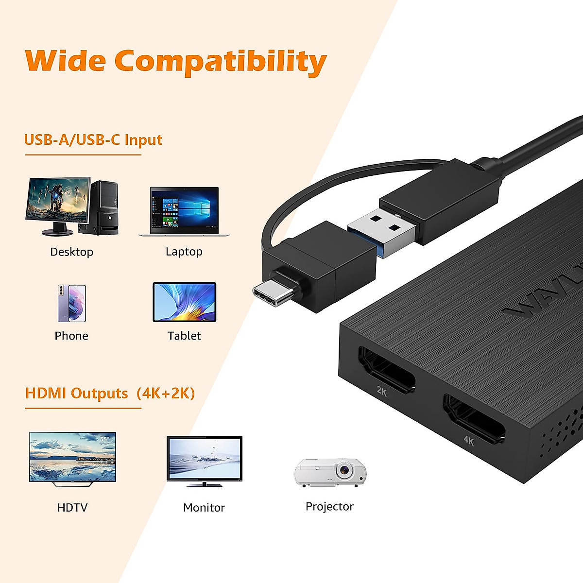 WAVLINK USB 3.0/C to HDMI Dual Display Adapter, Universal Video Graphics Adapter for Dual Monitors, Thunderbolt 3/4, 4K@30Hz+1080P@60Hz for Windows, Mac OS, NOT Support for Linux & iPad OS