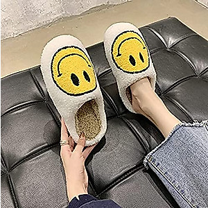 YJJY Smile Face Slippers for Women,Retro Soft Plush Lightweight House Slippers Slip-on Cozy Indoor Outdoor Slippers,Slip on Anti-Skid Sole