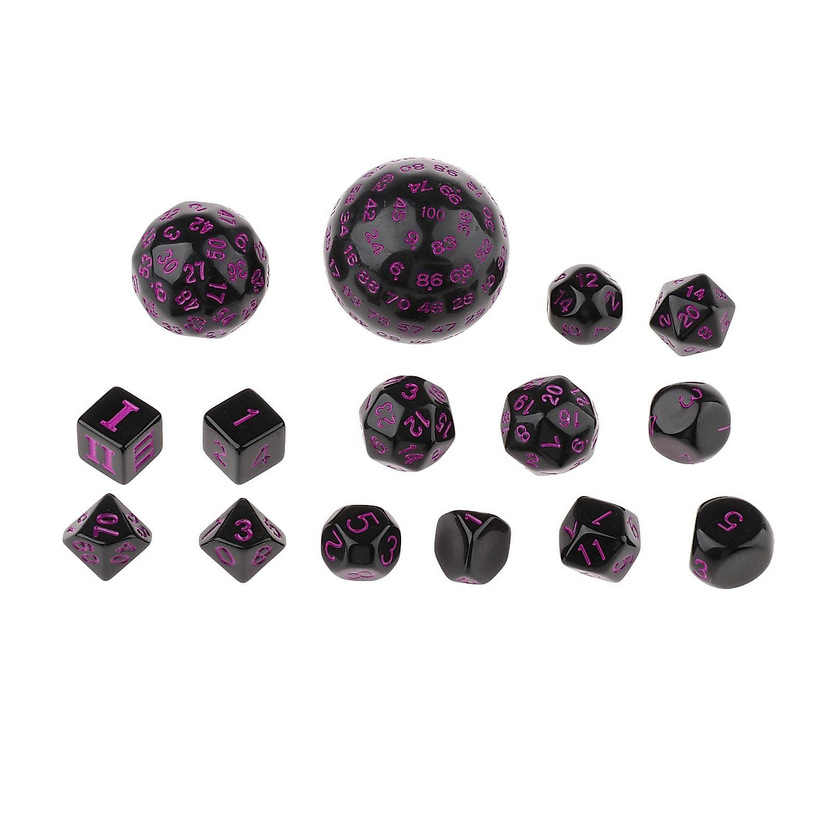 Milageto Polyhedral 15 Piece RPG Set RPG Tabletop Games D30 D16 D12 D10 D8 D7 D5 D4 for Role Playing DND Table Games, Purple
