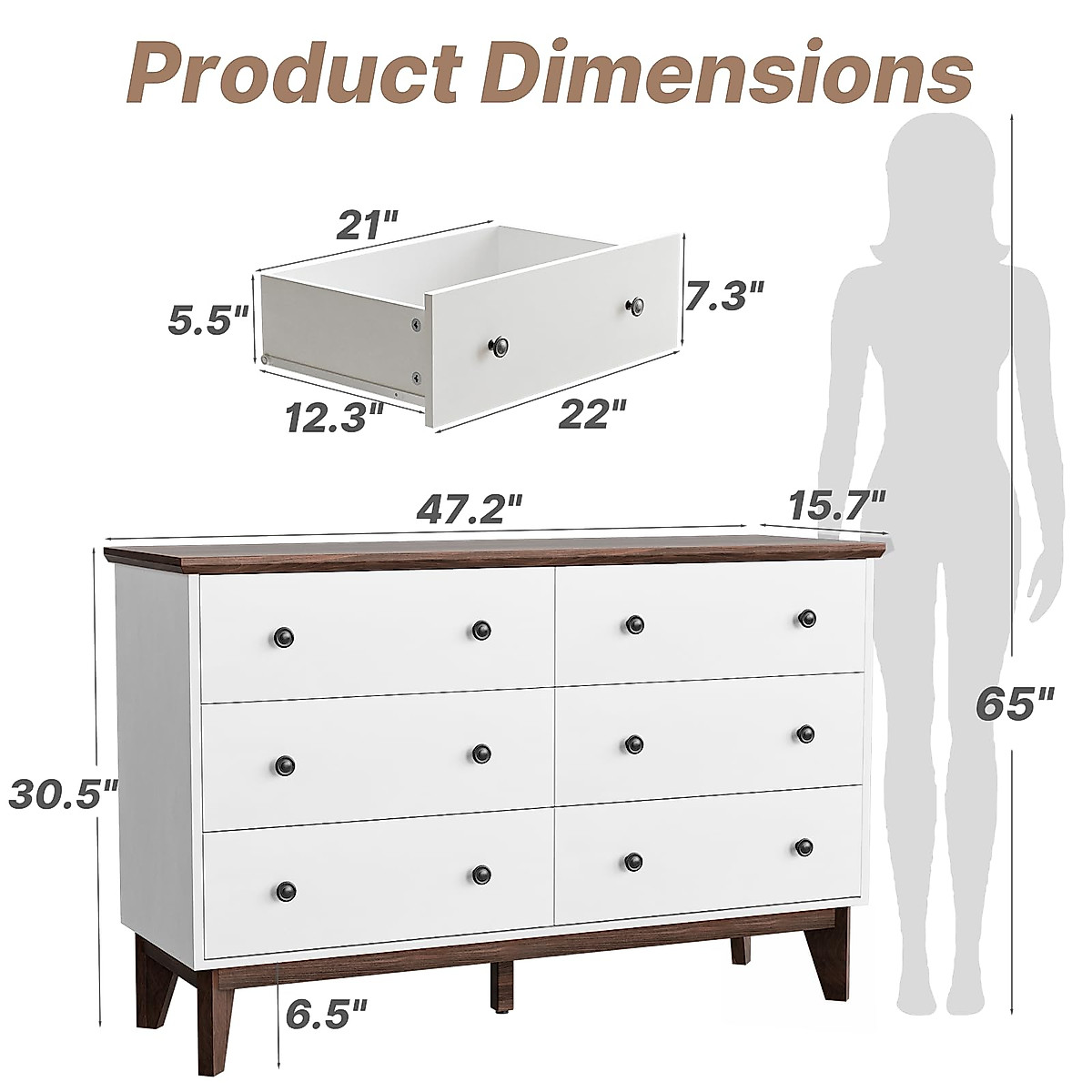 LYNSOM White Dresser for Bedroom, Modern 6 Drawer Double Dresser with Deep Drawers and Gold Knobs, Wood Storage Chest of Drawers for Living Room, Office