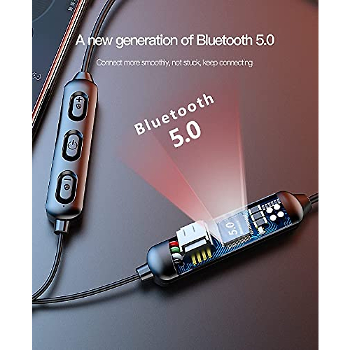 Wireless Stereo Earbuds – Neck Hanging Type Sports，HiFi Bass Stereo Running Headphones，Bluetooth 5.0，Call Function, Voice Control, Power Display,12 Hours Play Time, Built-in Microphone (Black) (RED)