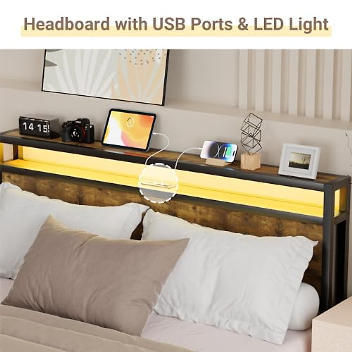 Zevemomo Queen Size Bed Frame with Storage Headboard, Metal Platform Bed Frame with RGB LED Lights & USB Ports, Heavy Duty Metal Slats Support No Box Spring Needed