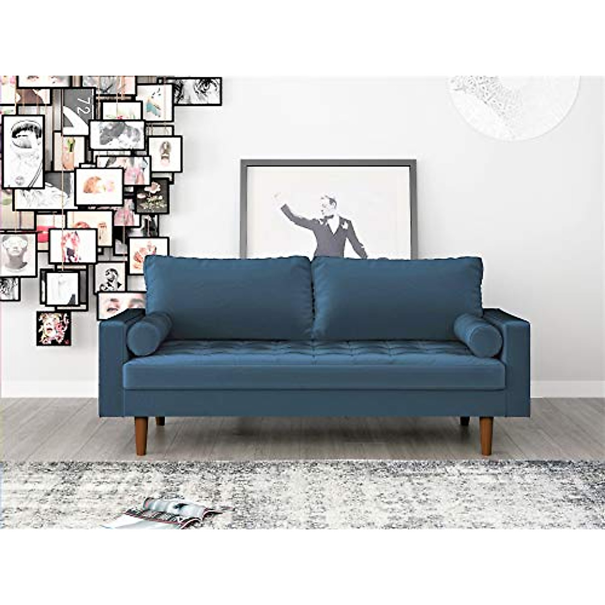 Container Furniture Direct Womble Modern Velvet Upholstered Living Room Diamond Tufted Chesterfield Sofa with Gleaming Nailheads, Ross Blue