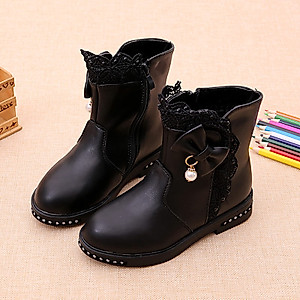 PU Leather Butterfly Knot Princess Shoes for Little Kid/Big Kids Girls 4-12 Years Non-Slip Fur Lining Boots Snow Boots (Black, 4-4.5Years)