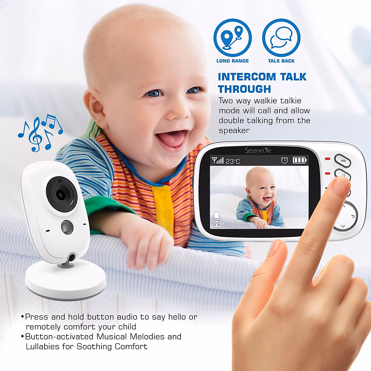 SereneLife Video Baby Monitor Long Range - Upgraded 850’ Wireless Range, Night Vision, Temperature Monitoring and Portable 2” Color Screen USA SLBCAM20