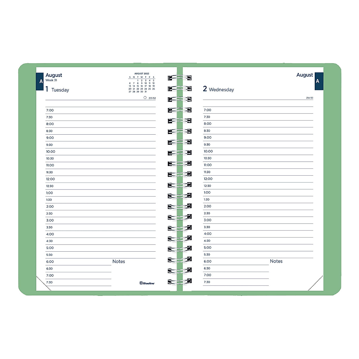 Blueline Essential Academic Daily/Monthly Planner, August 2023 to July 2024, Twin-Wire Binding, Soft Vicuana Cover, 8" x 5", Mint Green (CA201F.03-24)