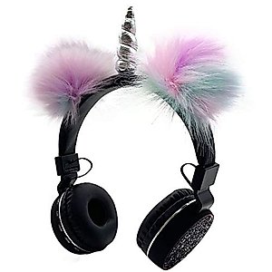 JINSERTA Bluetooth 5.0 Headphones with Fluffy Cat Ears for Kids, Kids Headband Earphone Foldable Headset Rechargeable Support TF Card, FM, Aux in (Black)