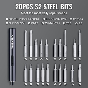 WORKPRO Mini Electric Screwdriver, 20 in 1 Electric Precision Screwdriver with Magnetizer and S2 Steel Bits, Max 4.0V Magnetic Rechargeable Cordless Screwdriver Kit for Phone, Camera, Laptop