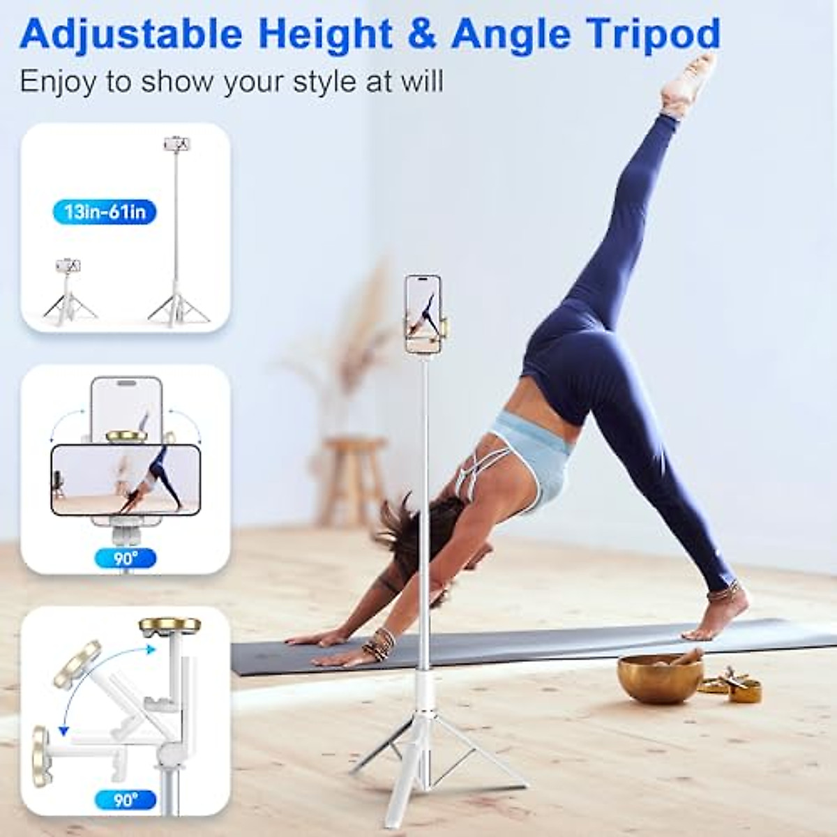 FOXOLA 61" Phone Tripod & Selfie Stick, Extendable All-in-1 Cell Phone Tripod Stand with Wireless Remote, Portable Tripod for iPhone14/13/12 Android in Selfies/Live Stream/Record/Vlog, White