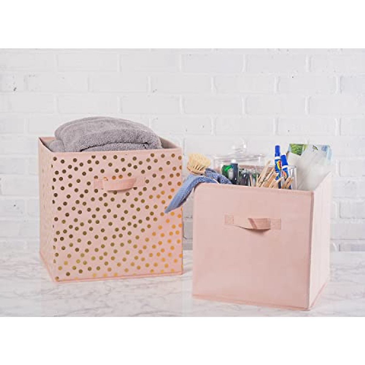DII Non Woven Storage Collection Polka Dot Collapsible Bin Large Set, 13x13x13" Cube, Pink & Gold, 2 Piece