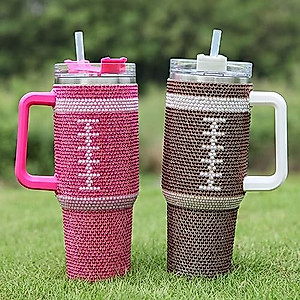 MYHOBBY Crystal 40 Oz Tumbler with Handle,Football Stainless Steel Water Bottle Double Wall Insulated Travel Mug,Good Gift For Ball Game Lover,Brown