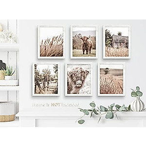 VICBOU Highland Cow Wall Art Highland Cow Decor Farmhouse Wall Decor Farm Animal Cow Print Stuff Rustic Wheat Field Landscape Print Painting for Home Kitchen Bathroom Living Room, 6Pcs, 8x10 Unframed