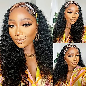 Lauberita Headband Wig Human Hair Wigs 14 Inch Wear and Go Glueless Wig Curly Deep Wave Headband Wig Natural Color