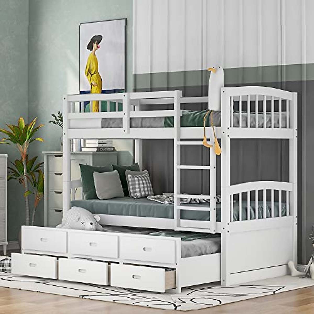 Merax Twin Over Twin Bunk Bed with Trundle and 3 Drawers, Solid Wood Bunk Bed Frame with Ladder and Full Guardrails, for Teens, White
